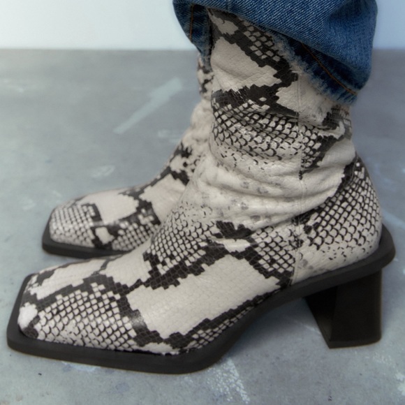 Zara | Shoes | Zara Leather Ankle Boots Square Toe Animal Embossed ...